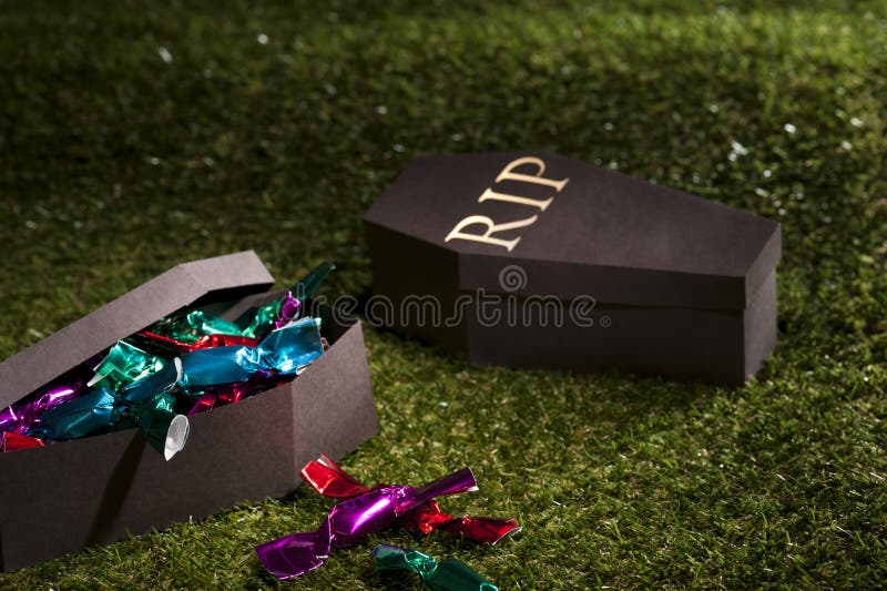 Halloween Coffin on Lawn with Sweets Stock Image - Image of harvest ...