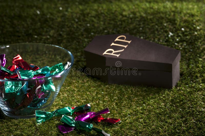 Halloween Coffin on Lawn with Sweets Stock Image - Image of festival ...