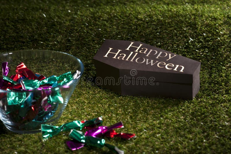 Halloween Coffin on Lawn with Sweets Stock Image - Image of design ...