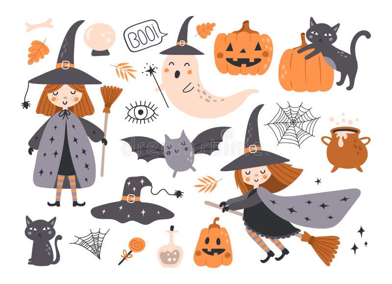 Halloween Collection with Hand Drawn Elements, with Ghost and Witch ...