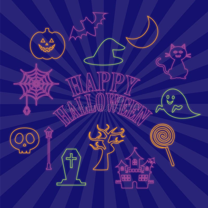 Halloween Colorful Neon Line Drawing Stock Vector - Illustration of ...