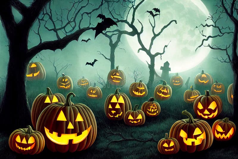 Halloween Composition of a Burning Pumpkin with a Bat. the Spooky Night ...