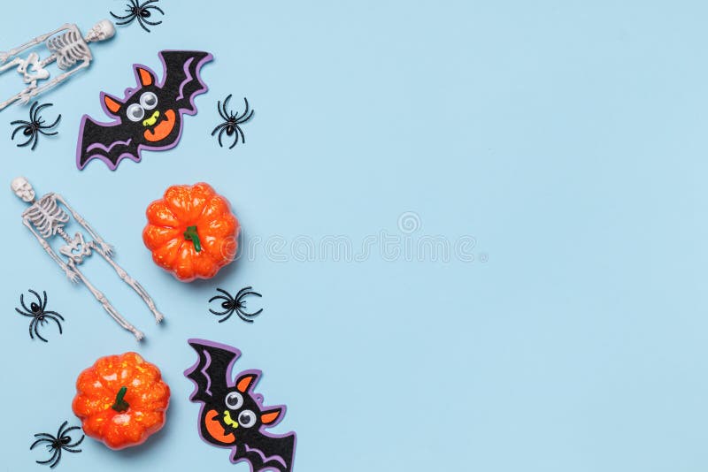 Halloween Composition. Festive Decor Items on a Blue Background with ...
