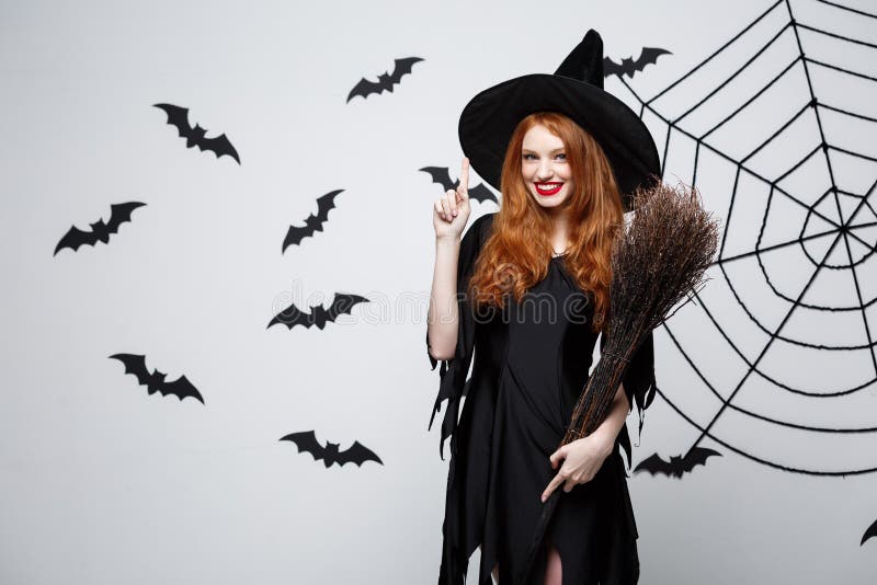 Halloween Concept - Happy Elegant Witch with Broomstick Halloween Doing ...