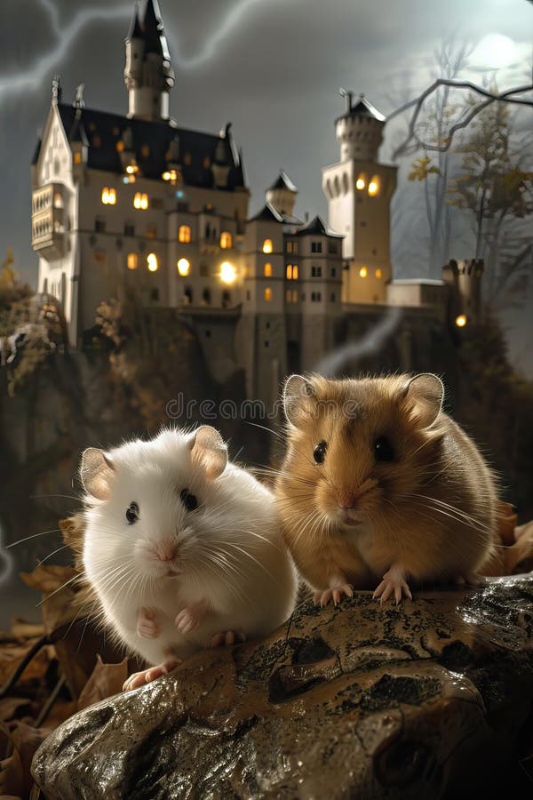 Halloween Concept with Two Hamsters in a Spooky Haunted Castle Setting ...