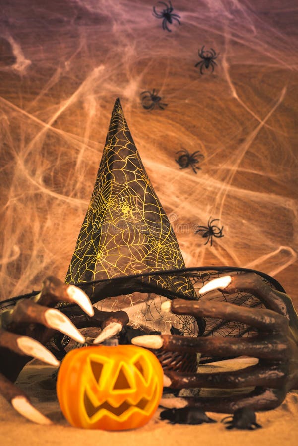 Halloween Concept with Witch Hands, Cobweb, Spiders, Rats and Jack O ...