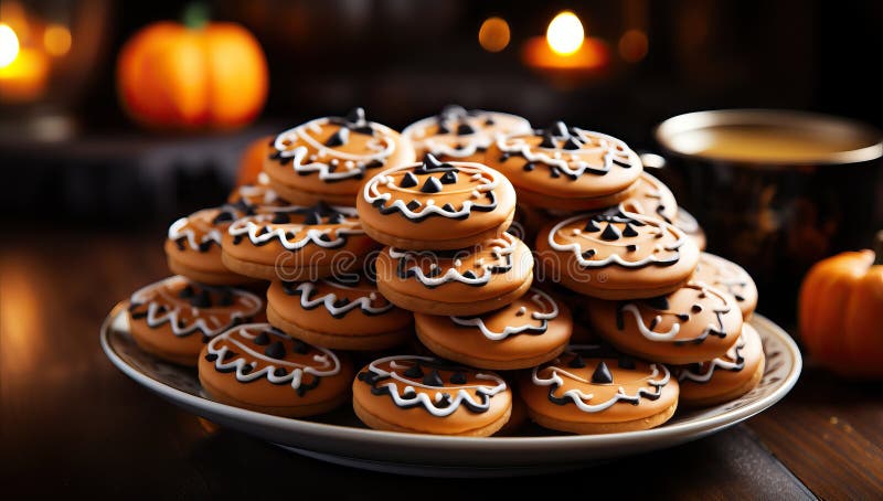 Halloween Cookies on a Plate on a Wooden Table Stock Illustration ... Halloween Cookies on a Plate on a Wooden Table Stock Illustration ...