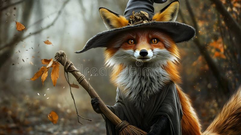 Fox Dressed As a Witch with a Pointy Hat and Broom Stock Illustration ...