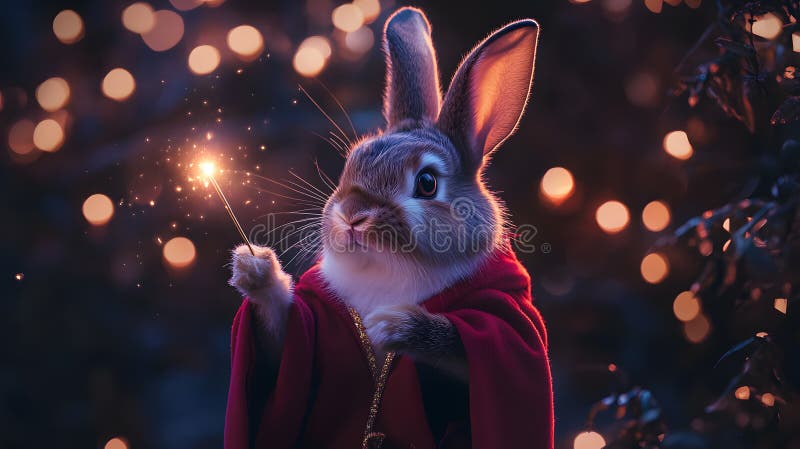 Rabbit in a Wizards Robe Holding a Tiny Magic Wand Stock Illustration ...