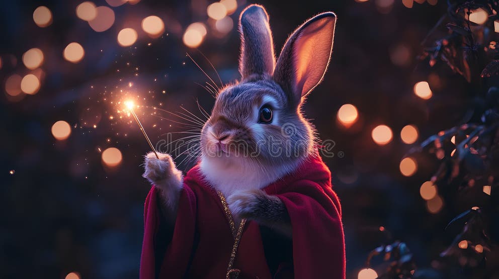 Rabbit in a Wizards Robe Holding a Tiny Magic Wand Stock Illustration ...