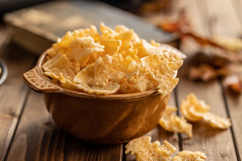 Halloween Crispy Bat Shaped Chips in Bowl Stock Image - Image of ...