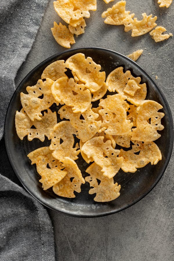 Halloween Crispy Bat Shaped Chips on Plate. Top View Stock Image ...