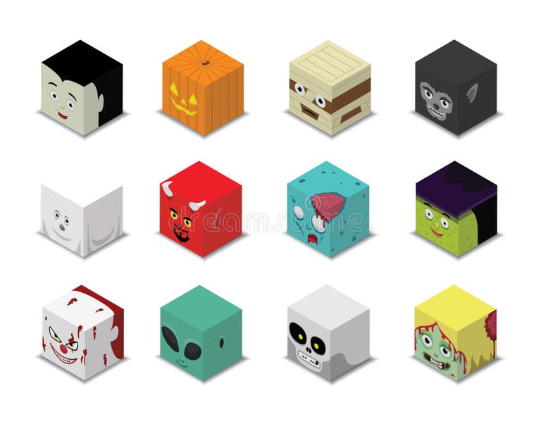 Halloween Cube Character 3D Cute Cartoon Vector Set Stock Vector ...