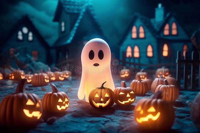 Cute Ghost with Pumpkins at Spooky Night. Generative Ai Stock ...