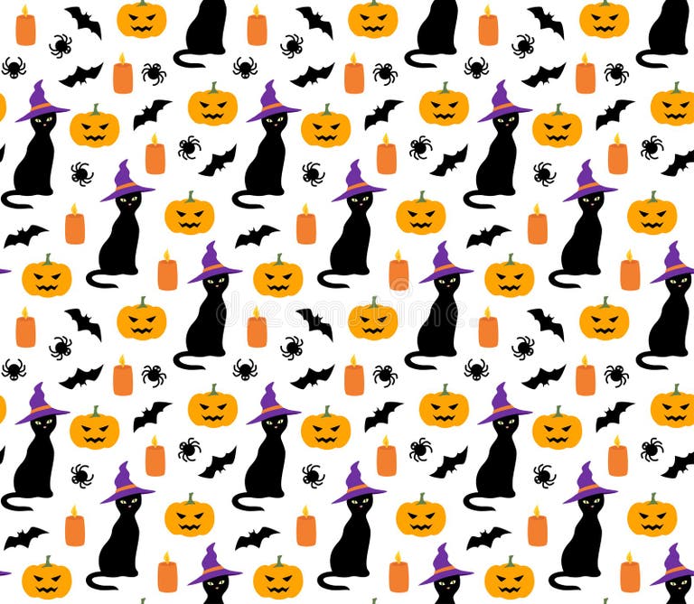 Halloween Cute Pattern with Cat, Pumpkin and Bat Vector Stock Vector ...
