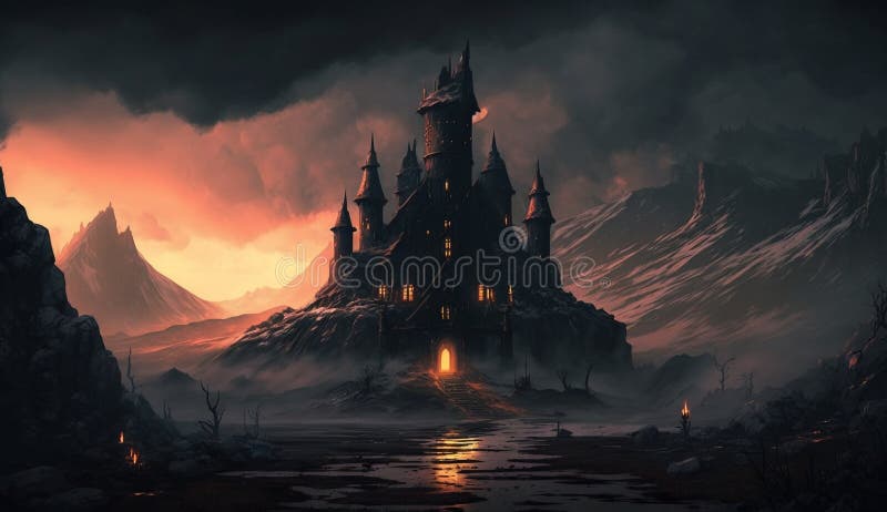 Halloween Dark Castle with Cloudy and Foggy Wallaper Stock Illustration ...