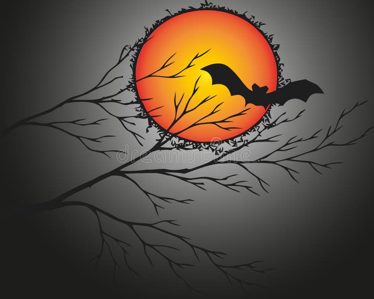 Halloween and Dark Tree with Bat on Light Red-orange Moon. Vector ...