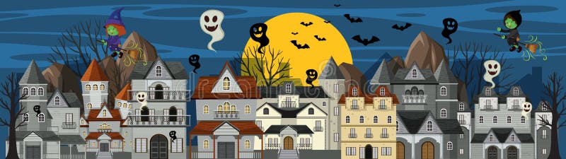 Halloween Day with Colonial Buildings at Night Stock Vector ...