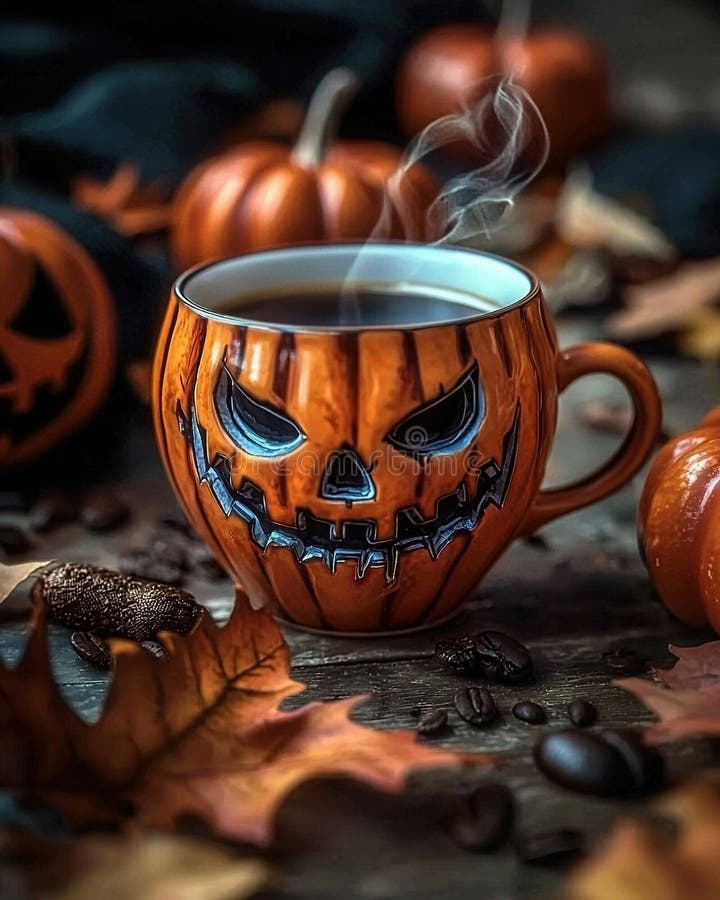 Halloween Decoration with Coffee Cup and Autumn Theme. Generative Ai ...