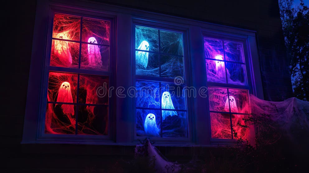Halloween Decorations in Spooky Windows with Ghostly Figures and ...