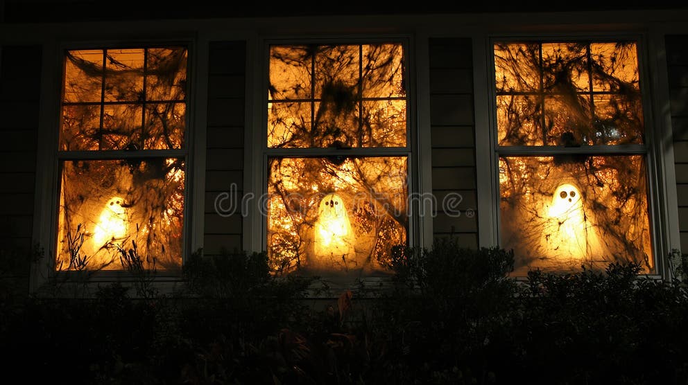 Halloween Decorations in Spooky Windows with Ghostly Figures and ...