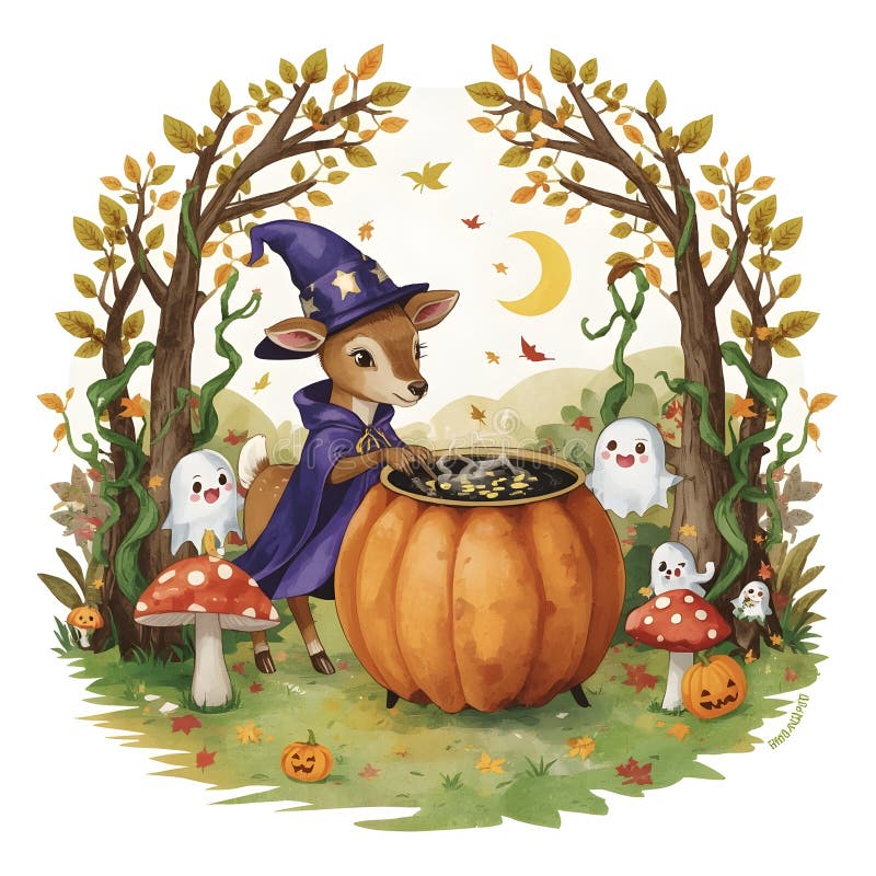 Halloween Deer Witch Stirring Pumpkin Cauldron in Haunted Forest Stock ...