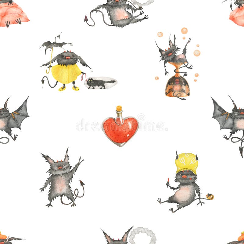 Halloween Devils Watercolor Seamless Pattern Stock Illustration ...