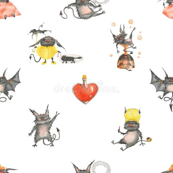 Halloween Devils Watercolor Seamless Pattern Stock Illustration ...