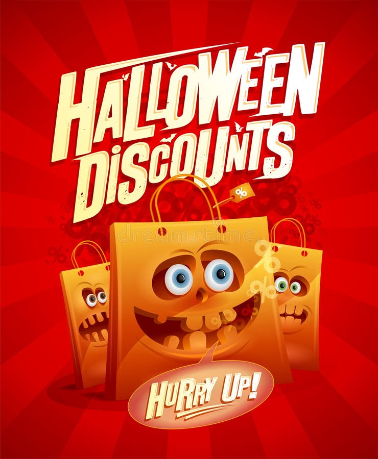 Halloween Discounts Sale Banner Design with Crazy Cartoon Paper Bags ... Halloween Discounts Sale Banner Design with Crazy Cartoon Paper Bags ...