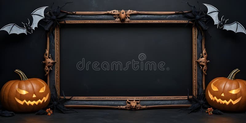 Halloween Display with Carved Pumpkins, Bats, and a Decorative Frame ...