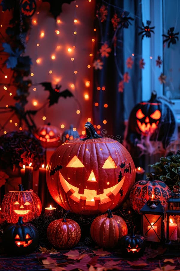 Halloween Display with Glowing Jack-o -lanterns and String Lights Stock ...