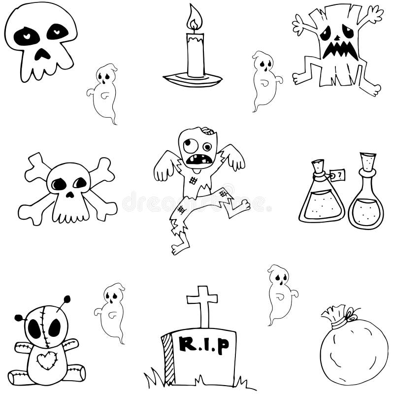 Halloween Doodle Set Zombie, Tomb, Ghost Stock Vector - Illustration of ...