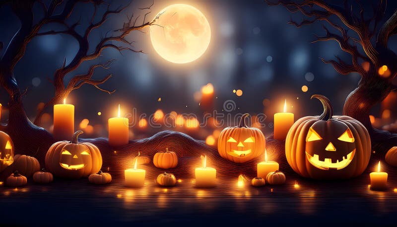 Halloween Elements and Candles Under the Moonlight Stock Illustration ...