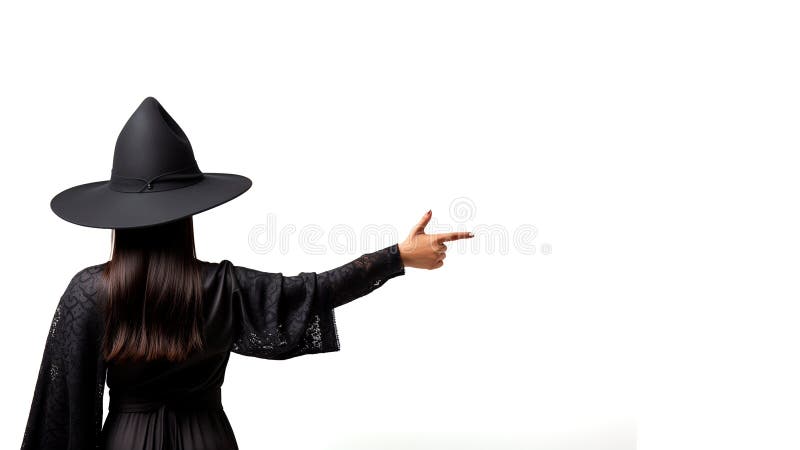 Halloween Witch Looking Back, Pointing Finger To Empty Space ...