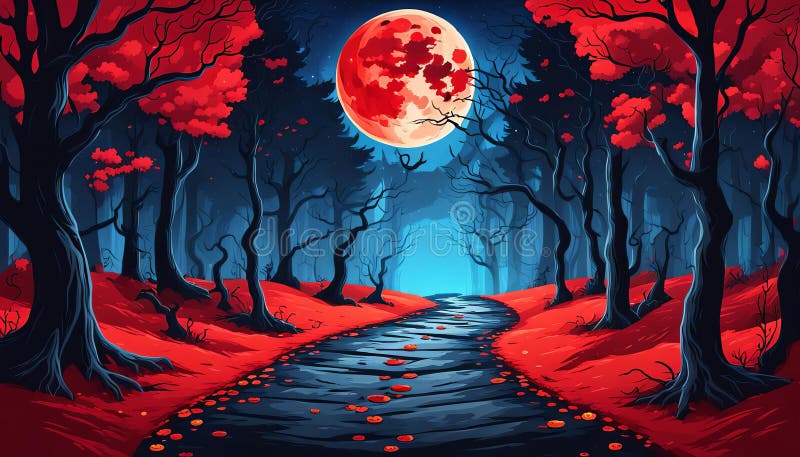 Halloween Forest Path at Night Stock Illustration - Illustration of ...