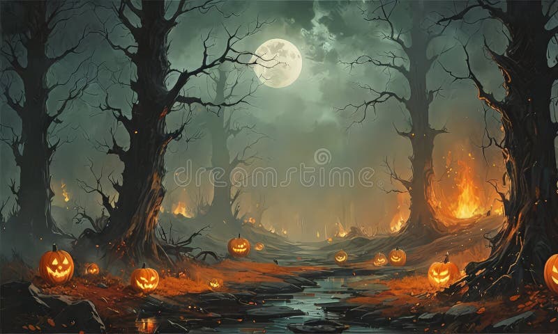 Halloween Forest Scene Features Full Moon, Burning Trees, and Jack-o ...