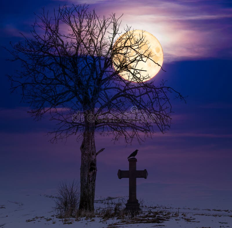 Halloween Full Moon and Cross Stock Photo - Image of raven ...
