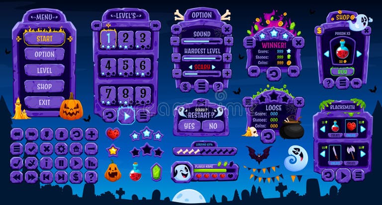 Halloween Game Interface, GUI Menu Panel and Bars Stock Vector ...