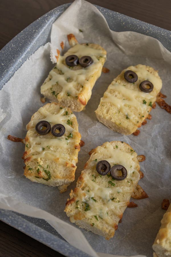 Halloween Garlic Bread Mummies - Delicious CloseUp Stock Image - Image ...