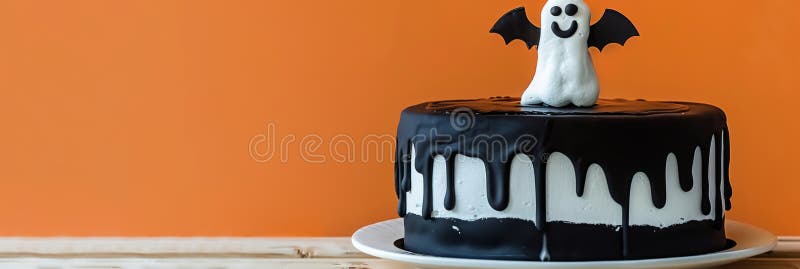 Halloween Ghost Cake with Black and White Frosting, on White Table ...