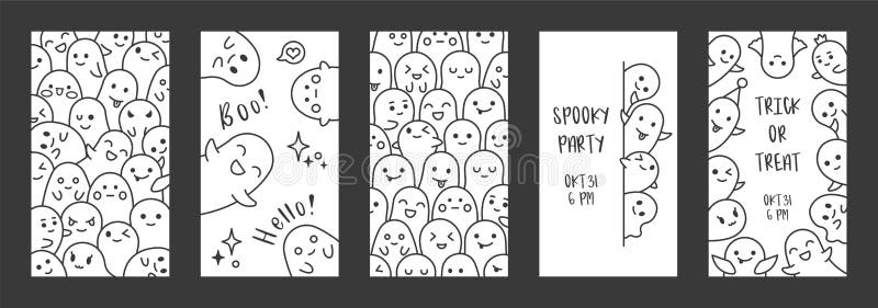 Halloween Ghost Design. Vector Set of Social Media Story Template with ...