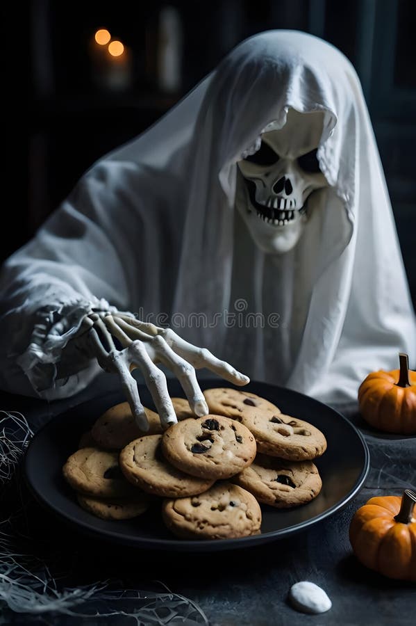 Halloween Ghost Eating Round Cookies Biscuits Stock Illustration ...