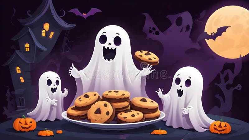 Halloween Ghost Eating Round Cookies Biscuits Stock Illustration ...