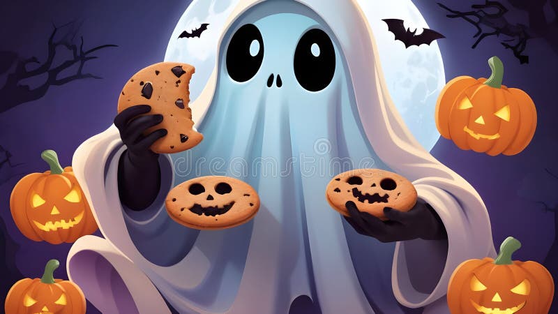 Halloween Ghost Eating Round Cookies Biscuits Stock Illustration ...