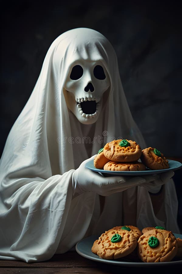 Halloween Ghost Eating Round Cookies Biscuits Stock Illustration ...
