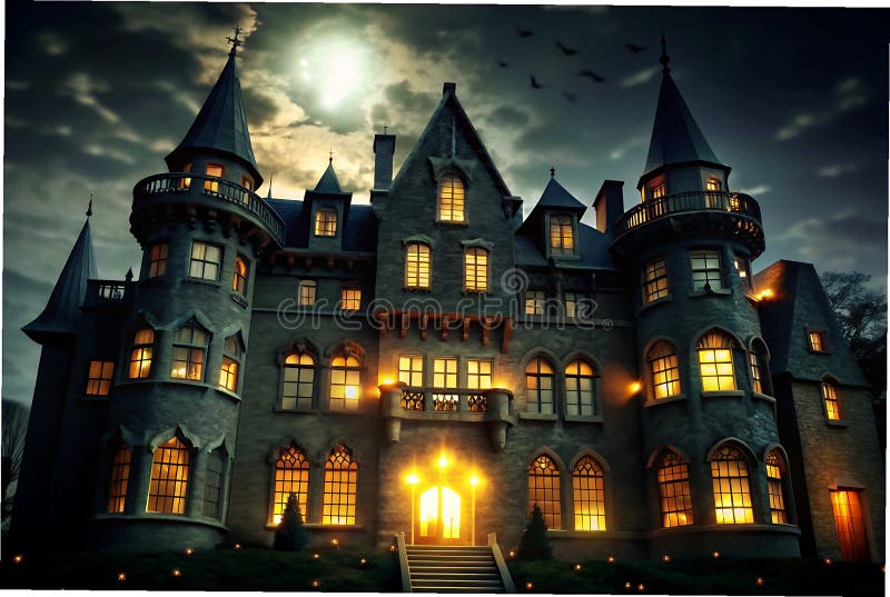 Halloween Ghost House with Pumpkin Stock Illustration - Illustration of ...