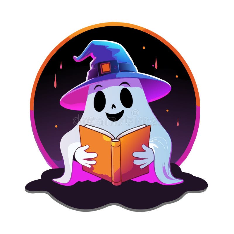 Halloween Ghost Reading a Big Book Stock Photo - Illustration of card ...