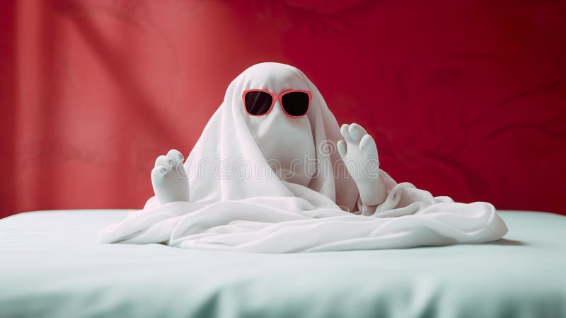 Halloween Ghost in Red Sunglasses on the Bed with White Sheets. Stock ...