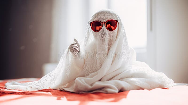 Halloween Ghost in Red Sunglasses on the Bed with White Sheets. Stock ...