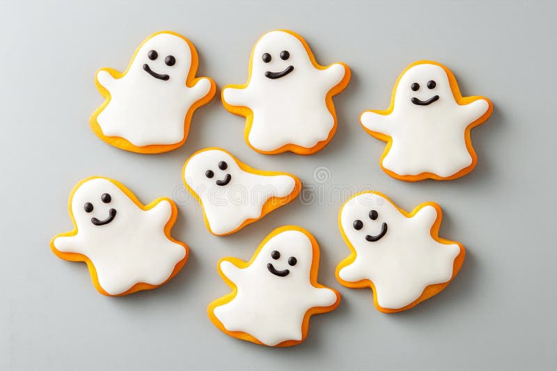Halloween Ghost Shaped Cookies Decorated with White Icing and Black ...